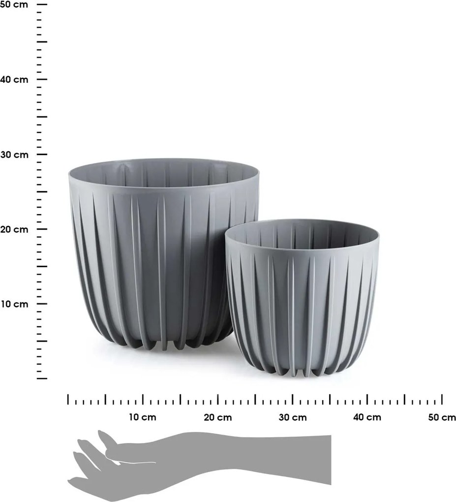 PLASTOVÝ KVĚTINÁČ STRIPPED SADA 2KS 18X15,5 CM+24X21 CM ŠEDÁ