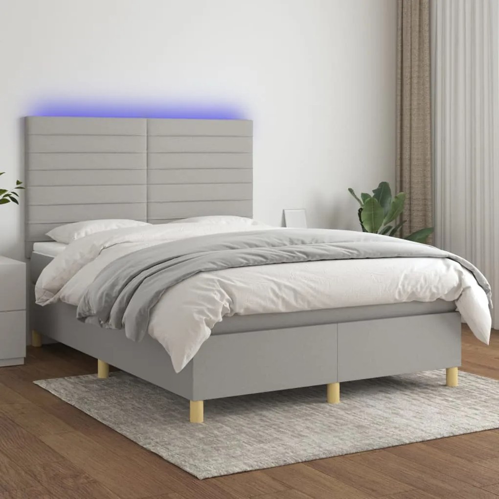 Box spring postel s matrací a LED světle šedá 140x190 cm textil 3135509