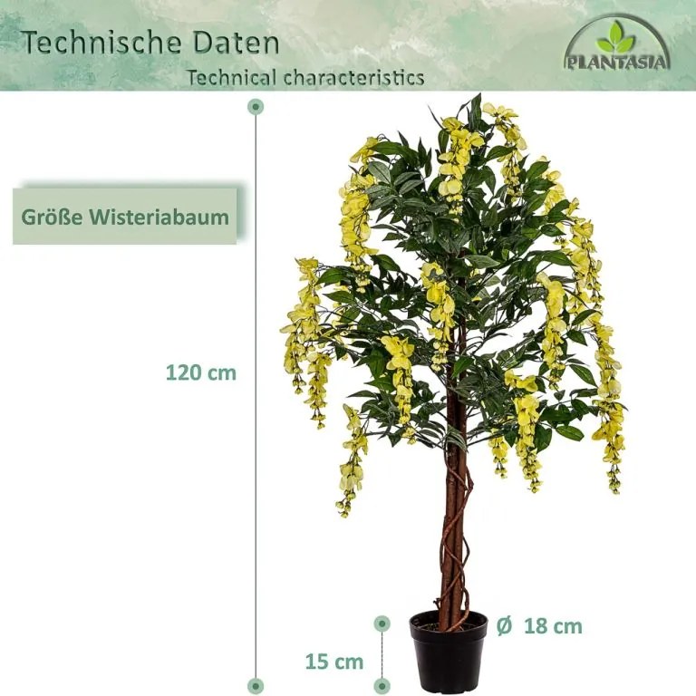 PLANTASIA 91593 Umělý strom, 120 cm, Wisteria žlutá