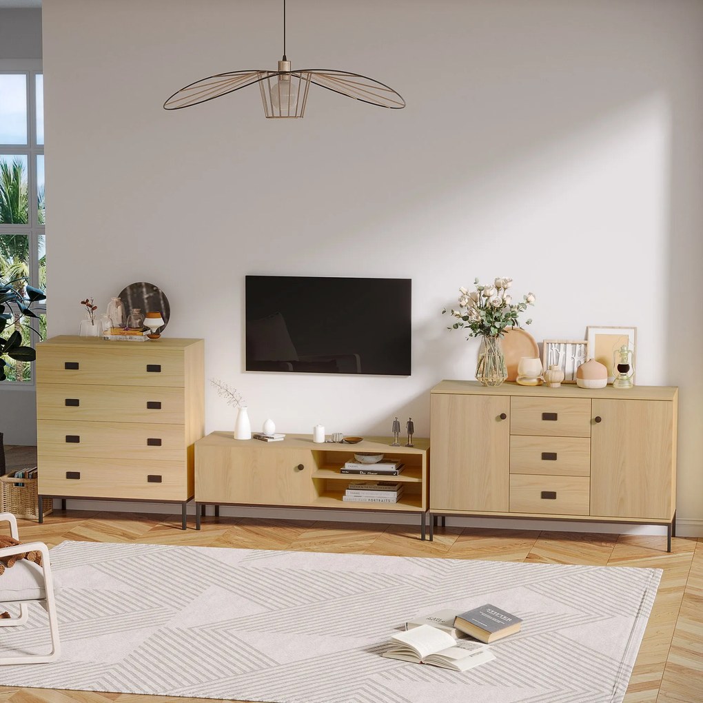 HOMCOM TV Stojan - Max. 50 Palců - 3 Úložné Prostory - 2 Otvory pro Kabely s Posuvnými Dveřmi - rozměry 120L x 39.5W x 46H cm