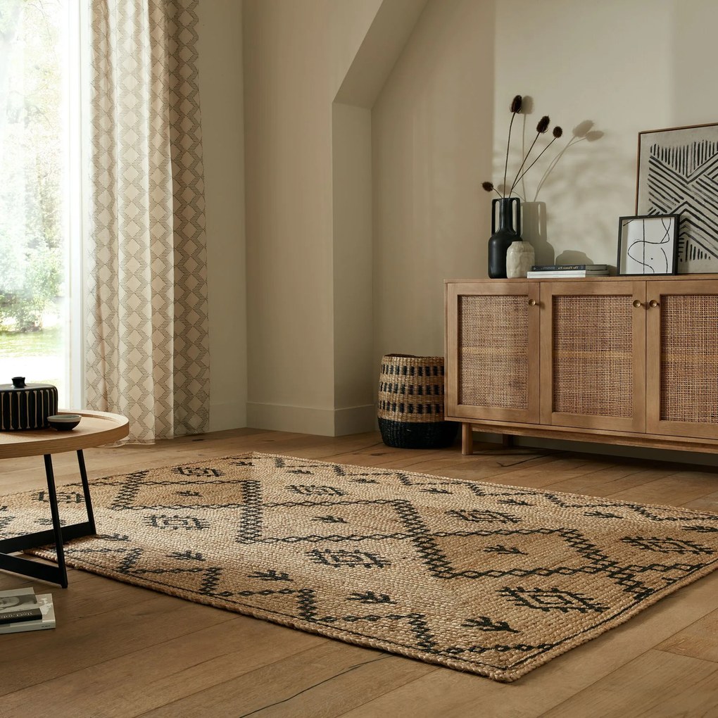 Flair Rugs, Kusový koberec Printed Jute Rowen Natural/Black, 200x290, béžová, chodba / předsíň