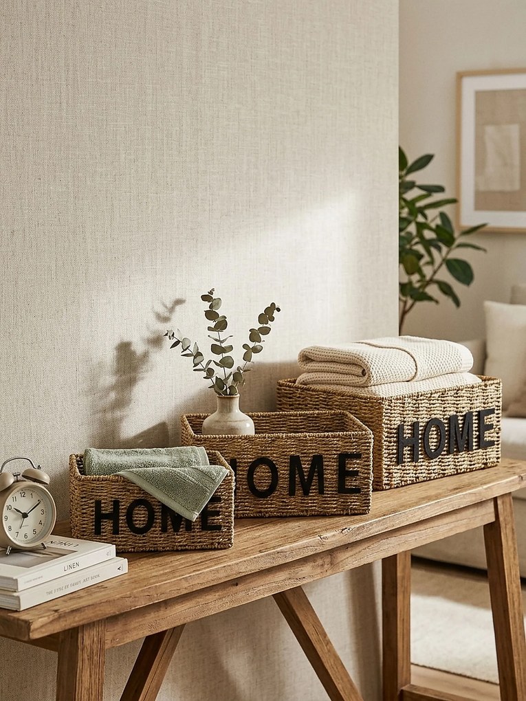 Sinsay - Pletený úložný koš s nápisem Home - béžová