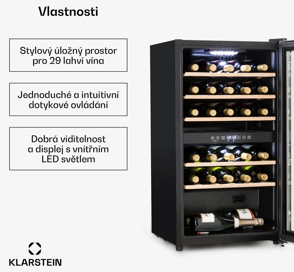 Klarstein Vinamour 29D, vinotéka, 80 l/29 lahví, 2 zóny, 5-22 °C, dotykové ovládání
