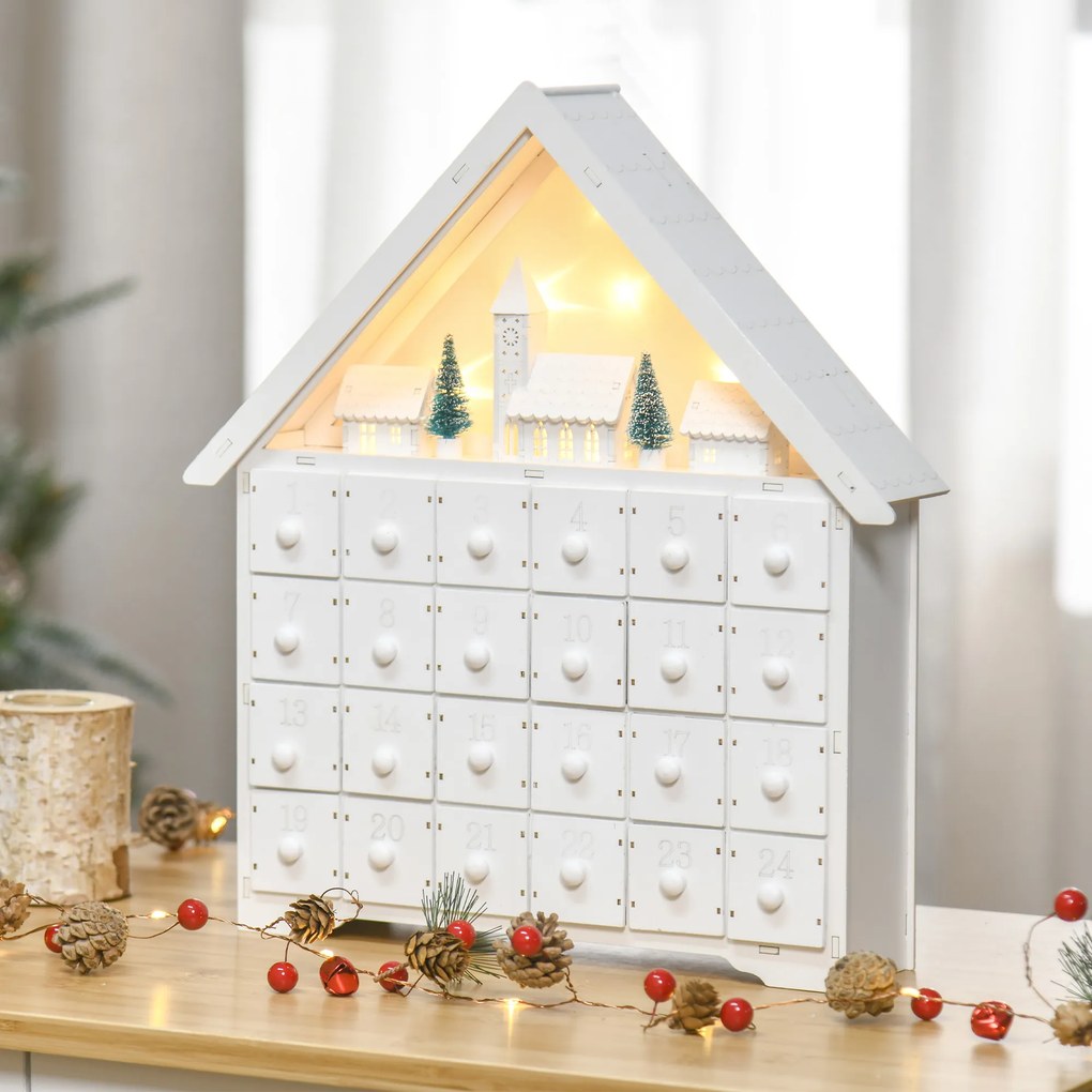 Adventní kalendář HOMCOM k naplnění 24 zásuvek a LED světel, designová vánoční dekorace 2 v 1 v bílé barvě 39 x 9 x 42 cm | Aosom.de