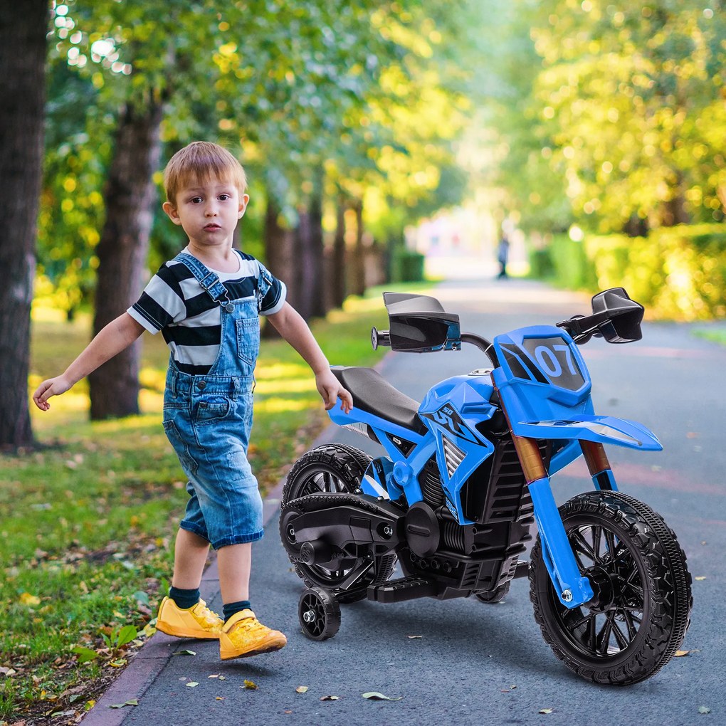 AIYAPLAY Elektrická motorka pro děti 3+ let, 12V, bateriová motorka s tréninkovými kolečky, twist throttle a klakson, nosnost 30 kg, modrá