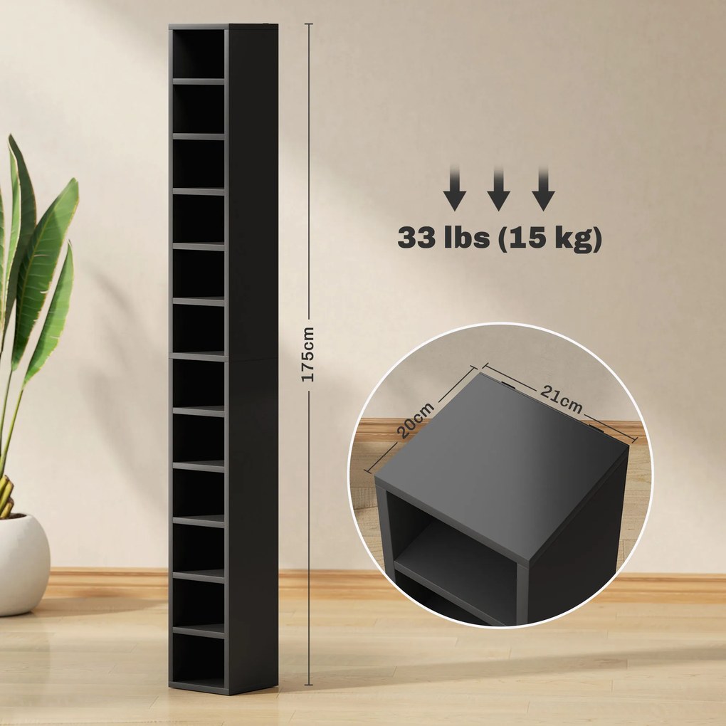 HOMCOM sloupový regál na CD a DVD, 12 přihrádek, pojme až 204 disků, 21 × 20 × 175 cm, černý