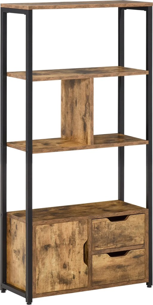 HOMCOM Knihařský regál s kabinetem a 2 úložnými šuplíky, průmyslový styl, 58x24x122 cm, rustikální hnědá