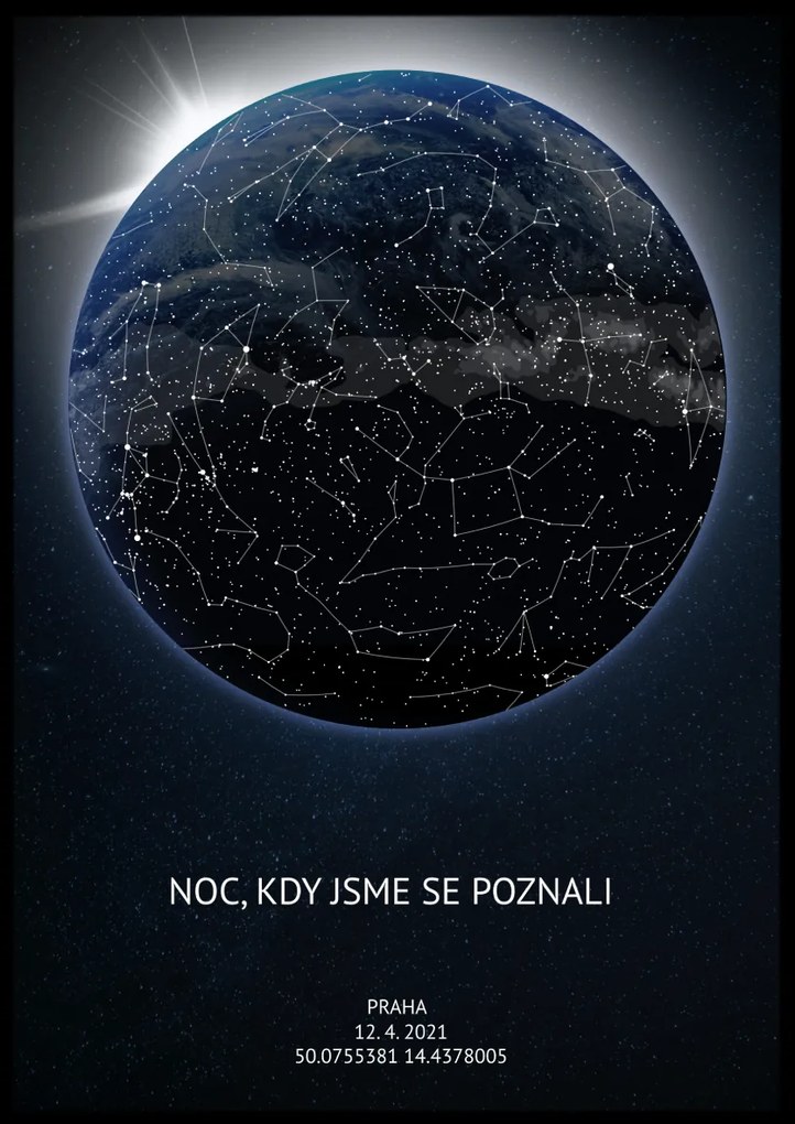 Plakát Hvězdná mapa vašeho životního okamžiku Velikost: A3 - 29,7x42 cm, Volba rámu: bez rámu, Vzhled: Nad Zemí