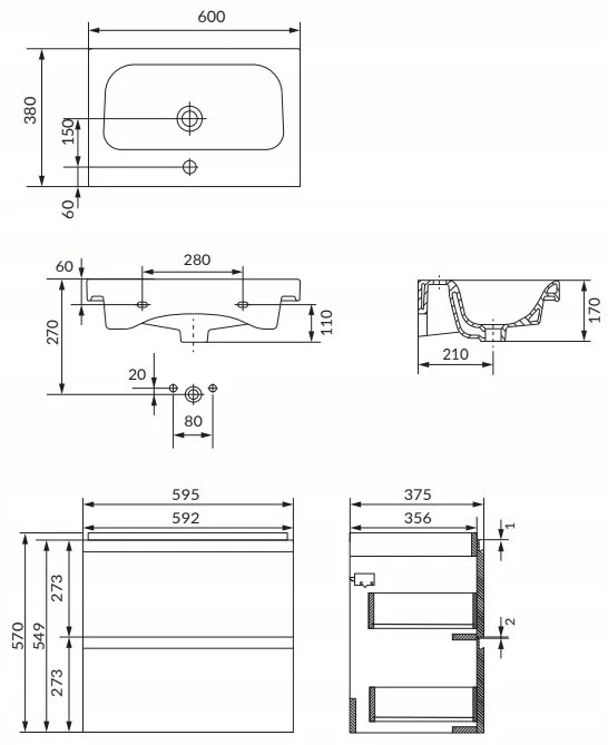 Cersanit Moduo Slim SET, závěsná skříňka 60x35x62 cm + umyvadlo 60cm, antracitová matná, S801-469-DSM