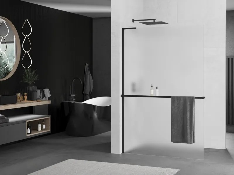 Mexen Kioto+ L, sprchová zástěna Walk-In s poličkou a věšákem 70 x 200 cm, 8mm sklo námraza, černý profil, 800-070-123-70-30