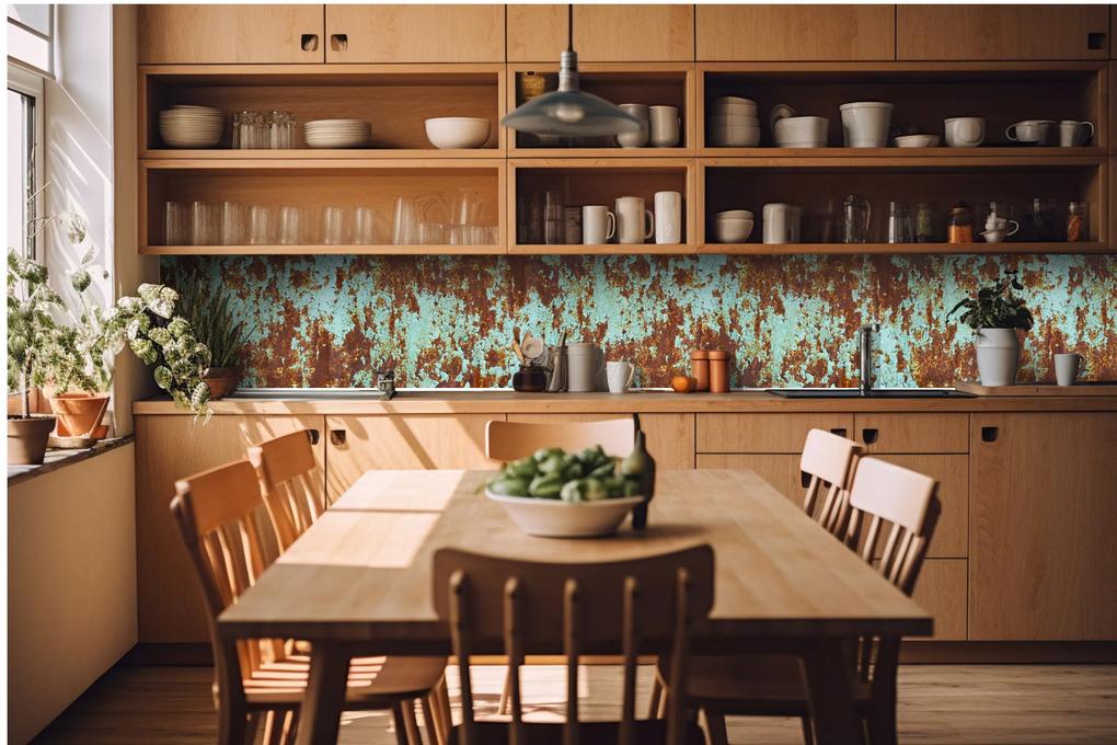 DIMEX | Fototapeta do kuchyně Rez na starém barevném kovu KI-420-268 | 420 x 60 cm | bronzová, tyrkysová