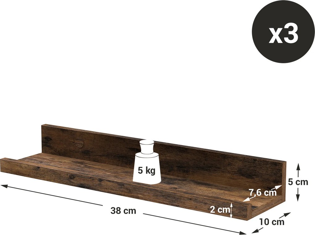 Sada 3 ks nástěnných polic TAYLOR 38x10 cm, rustikálně hnědé