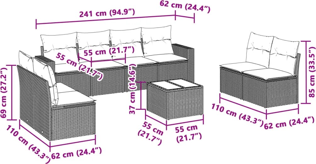 9dílná zahradní sedací souprava a podušky světle šedá polyratan 3251199