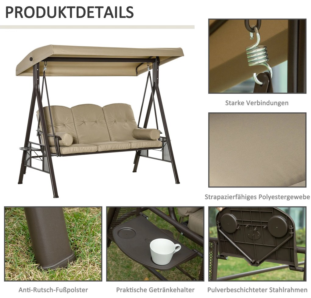 Třímístná zahradní houpačka Outsunny Hollywood s polštáři se sluneční stříškou kov polyester khaki 116 x 206 x 183 cm | Aosom