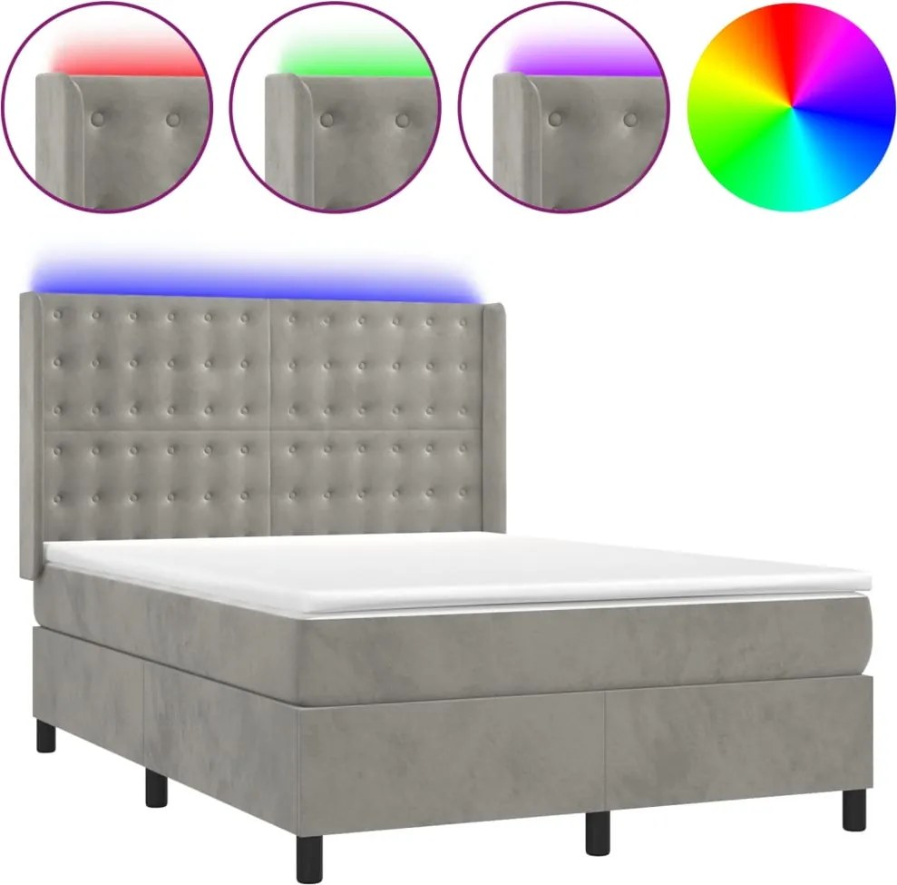 Box spring postel s matrací a LED světle šedá 140x200 cm samet 3139805