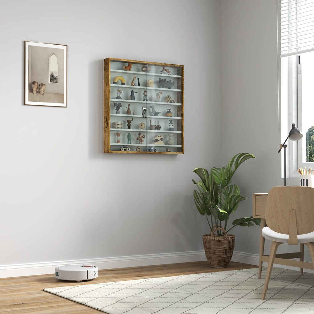 HOMCOM nástěnná vitrína na sběratelské předměty, 80 x 9,5 x 83 cm, 6 nastavitelných polic a 2 posuvné skleněné dveře, rustikální hnědá