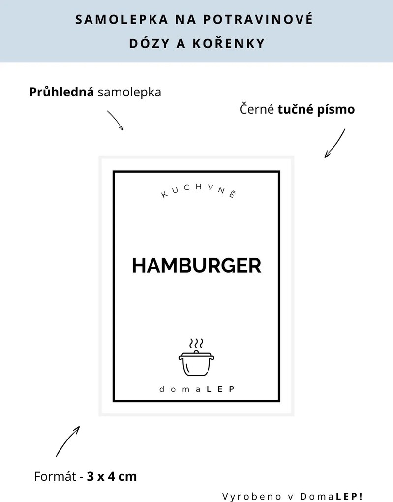 Samolepka na kořenky HAMBURGER průhledná 3 × 4 cm tučné písmo