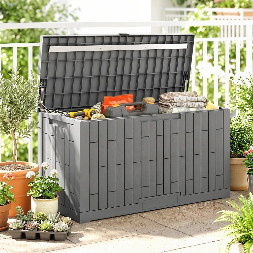 Zahradní box 379 litrů Vodotěsný uzamykatelný box odolný proti UV záření Dřevěný box na zahradní polštáře 122,5x56x62cm Šedý