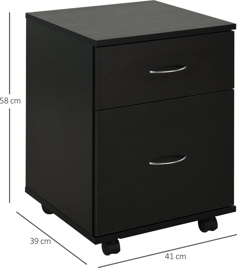 HOMCOM Dřevěný mobilní archivar s kolečky a 2 šuplíky, kancelářský a domácí filing kabinet 41x39x58cm Černý
