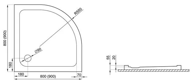 Polimat Čtvrtkruhová akrylátová sprchová vanička Standard 80x80 (90x90) Barva: Bílá, Rozměry (cm): 80x80