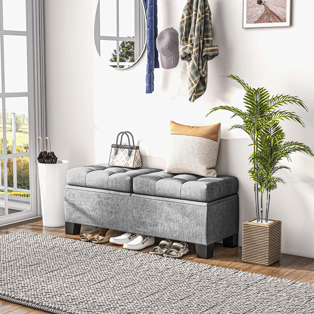 HOMCOM Hedvábně měkký úložný otoman s knoflíky pro předsíň a ložnici, 116x41x47cm, Šedý