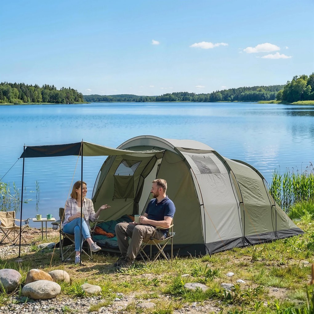 Outsunny stan pro 3–4 osoby — voděodolný rodinný stan s ložnicí, předním přístřeškem a obytnou částí, vodní sloupec 3000 mm, zelený