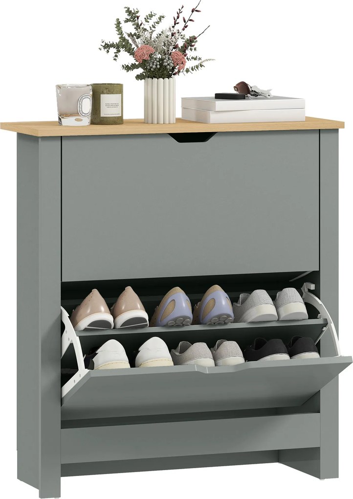 HOMCOM Botník se 2 sklápěcími přihrádkami, nastavitelná přepážka pro 8-12 párů bot, 72 x 26 x 80 cm, světle šedý