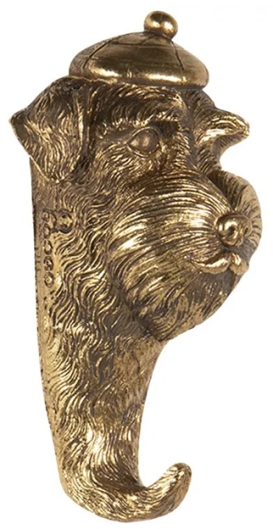 Zlatý nástěnný dekorační háček psa s čepicí – 7x5x13 cm