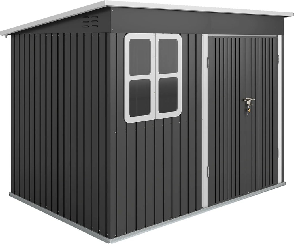 Outsunny Kovová Kůlna na Nářadí 4,13 m² 260 x 177 x 190 cm Skladovací Kůlna s Oknem, Šikmou Střechou a Zámkem, Voděodolný Zahradní Dům na Zahradu