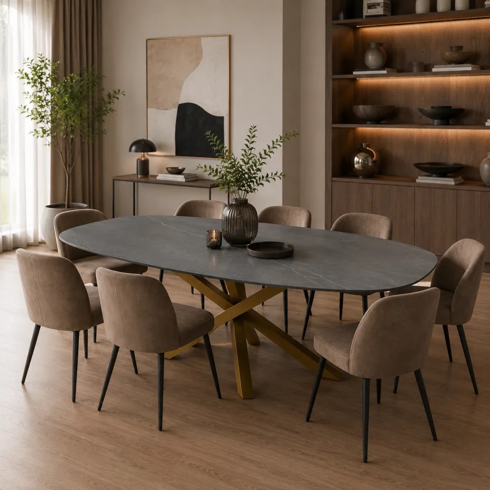 Jídelní stůl ROYAL GRIGIO – 230 × 130 cm, keramická deska 24 mm Shark Nose, zlatá podnož VALETTA M