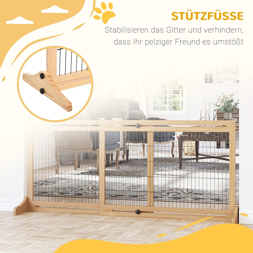 PawHut Dřevěná Brána pro Psy, Rozšiřitelná Ochrana Dveří s Opěrkou Nohou, Samostatně Stojící Psí Brána, Ochrana Schodů, Psí Bariéra pro Krb, Sporák, …