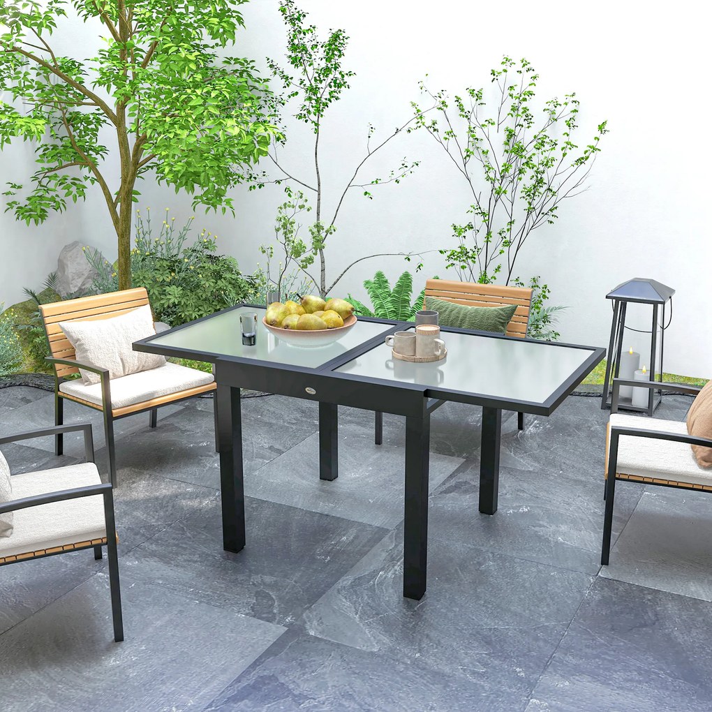 Outsunny Velký Rozšiřitelný Zahradní Stůl rozložené rozměry 160D x 80Š x 75V cm Tmavě Šedý Hliníkový Stůl s Temperovaným Sklem Transparentní