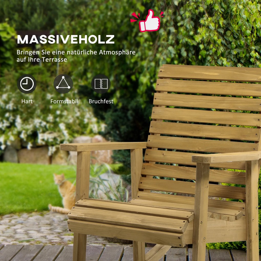 Houpací křeslo Outsunny s opěrkami, zahradní křeslo pro relaxaci na balkoně a terase, nosnost do 130 kg, borové dřevo, světle hnědé 64 x 86 x 85 cm