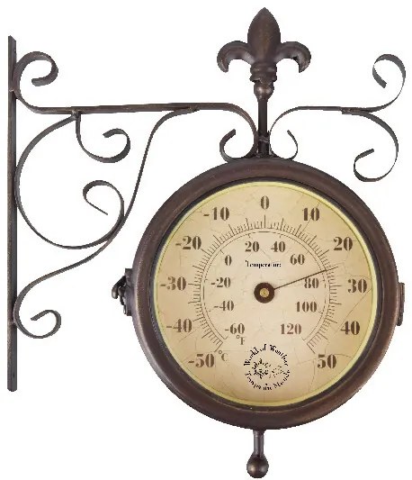Esschert Design ESSCHERT DESIGN Oboustranné nádražní hodiny/teploměr WORLD OF WEATHER, 29 cm velikost hodin, průměr ciferníku 15 cm, v hnědé barvě, pro vnitřní i venkovní použití