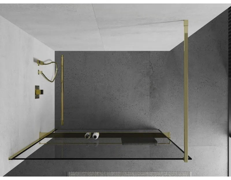 Mexen Kioto+, sprchová zástěna s poličkou a držákem na ručníky 140 x 200 cm, 8mm čiré sklo vzor černý rám, zlatý profil, 800-140-121-50-70