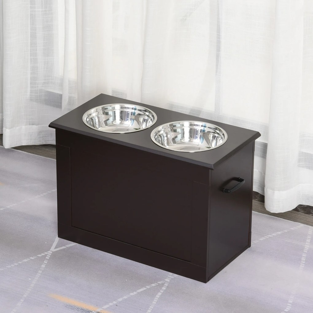 PawHut miska na krmivo pro psy s úložným prostorem 2 misky krmící stanice nerezová miska pro kočky MDF nerezová ocel Espresso 60 x 30 x 41 cm