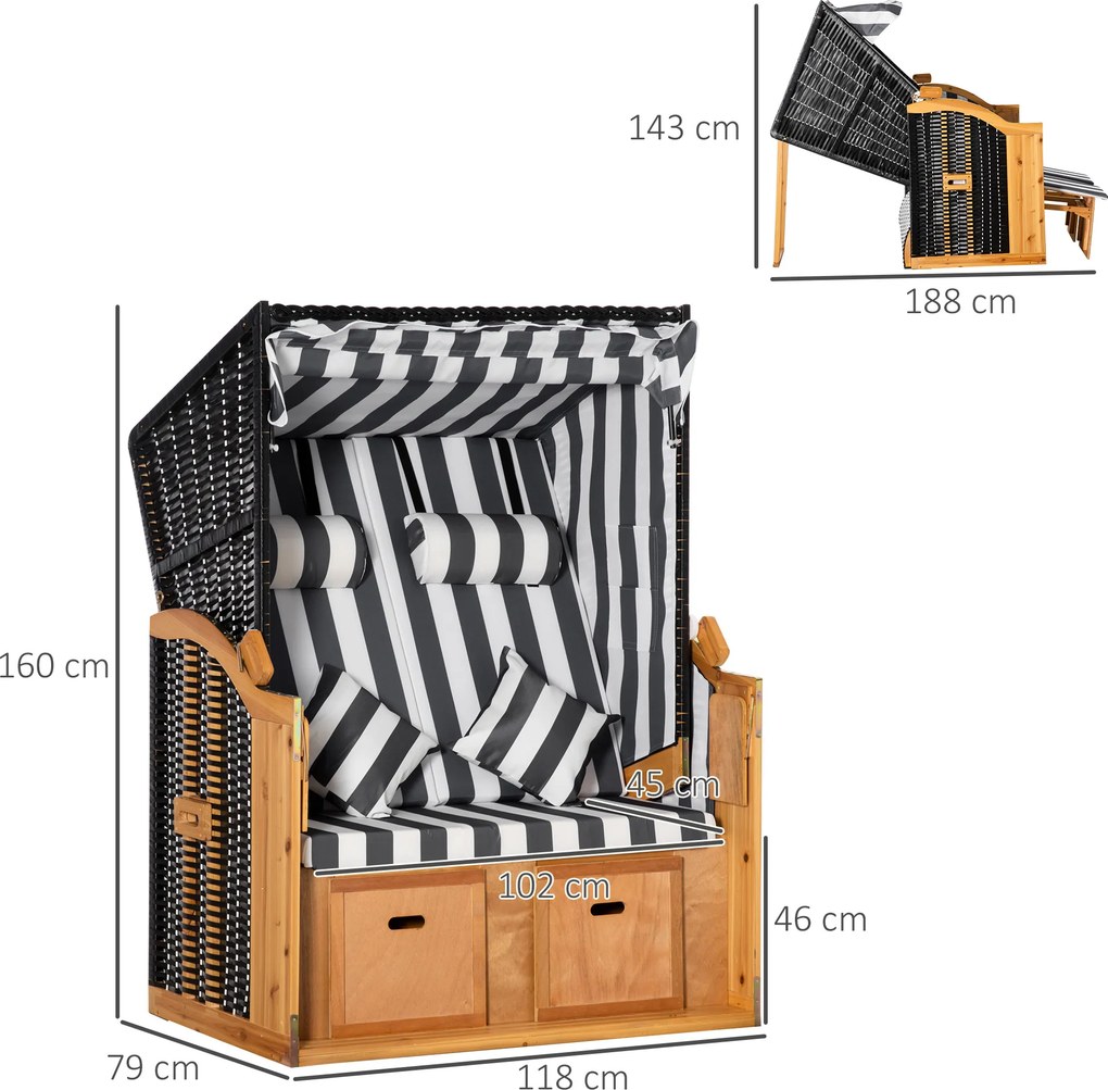 Plážové lehátko Outsunny se stříškou a držákem na nápoje, 5stupňové opěradlo, PE ratan šedobílá, 118x79x160cm, na zahradu a terasu