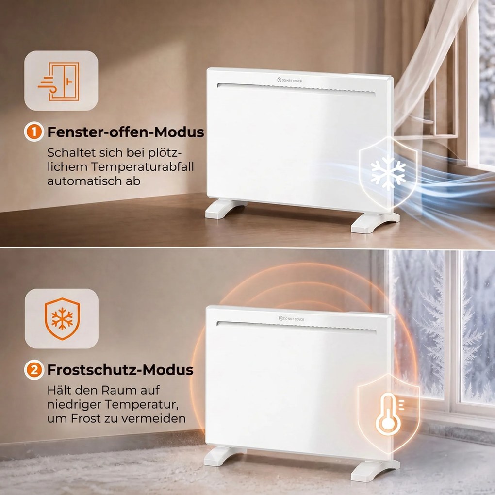 HOMCOM Inteligentní panelový ohřívač 1500 W, volně stojící / na stěnu, elektrický ohřívač s 7denním časovačem, detekce oken, ochrana proti mrazu, bílá
