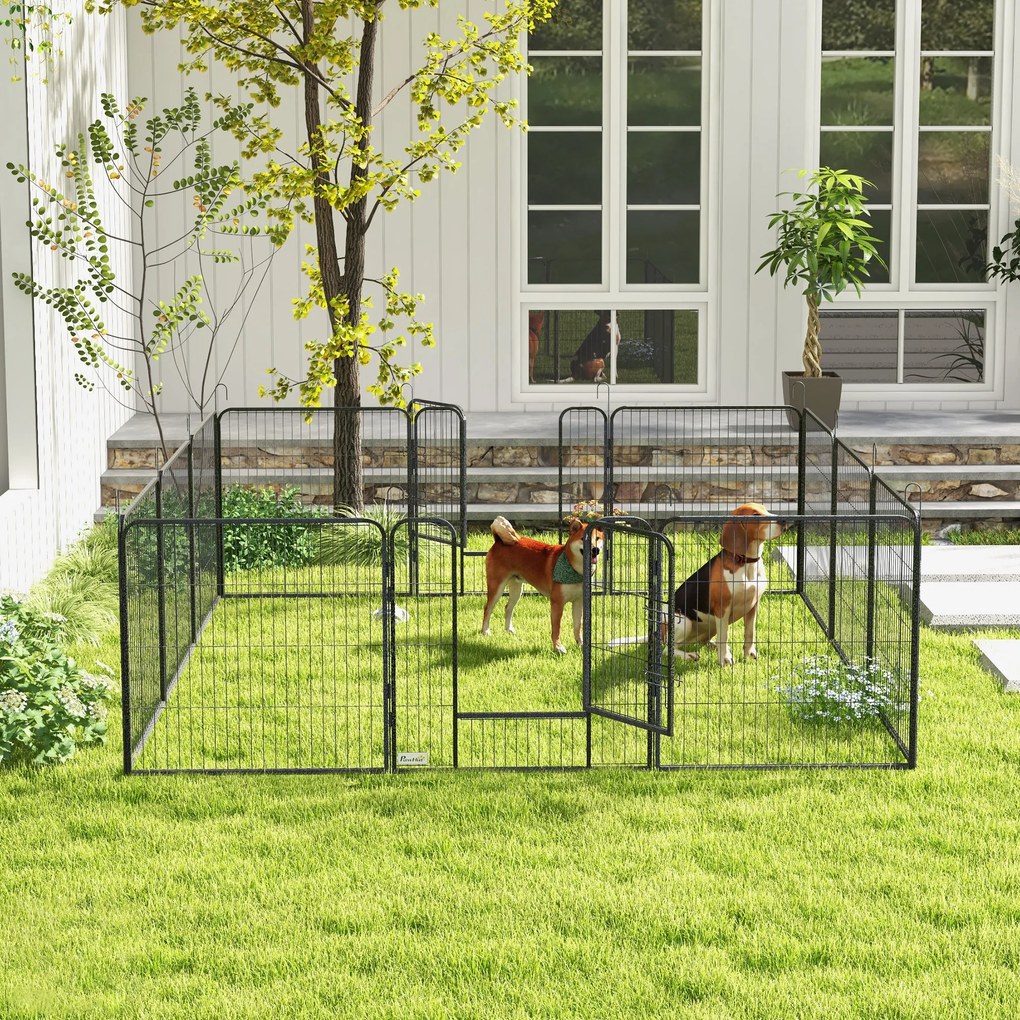 PawHut výběh pro štěňata 80 cm vysoký, 12-TLG výběh pro štěňata se 2 dvířky, DIY výběh pro střední psy, králíky, morčata, ocel, šedý