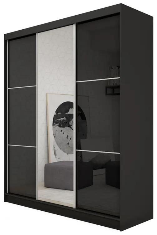 Expedo Skříň s posuvnými dveřmi a zrcadlem BIBIANA + Tichý dojezd, černá, 180x216x61