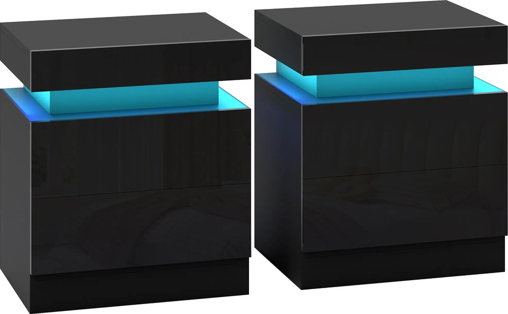HOMCOM sada 2 LED nočních stolků s 16 barvami a 4 režimy se 2 šuplíky, z dřeva, 45x35x52 cm, černá