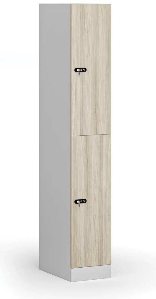 Šatní skříňka S1 s úložnými boxy, 2 boxy, 1850 x 300 x 500 mm, demont, mechanický kódový zámek, laminované dveře, dub přírodní