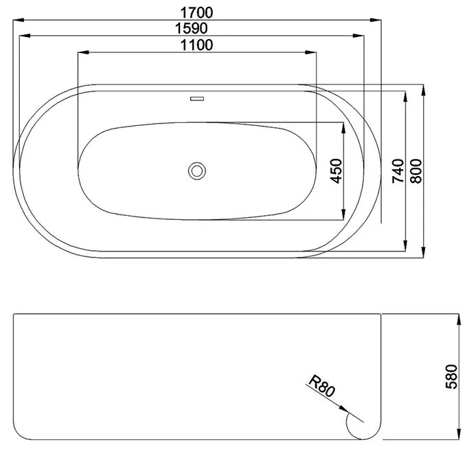 BPS-koupelny Volně stojící akrylátová vana HYD-VO501 170x80 bílá, odtokový komplet chrom
