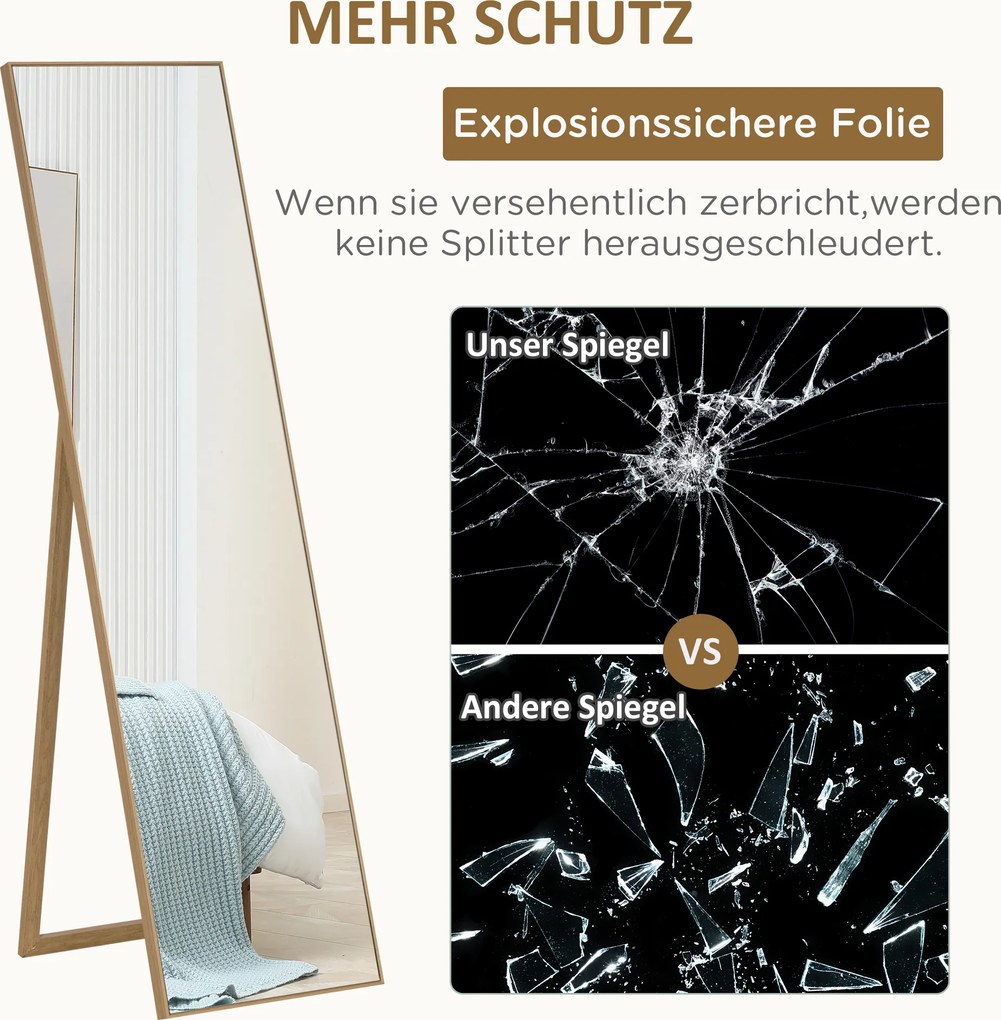HOMCOM Stojací zrcadlo s dřevěnou strukturou Zrcadlo v plné délce Toaletní zrcadlo Make-up zrcadlo Stříbrná světle hnědá 40 x 35 x 147 cm do ložnice …