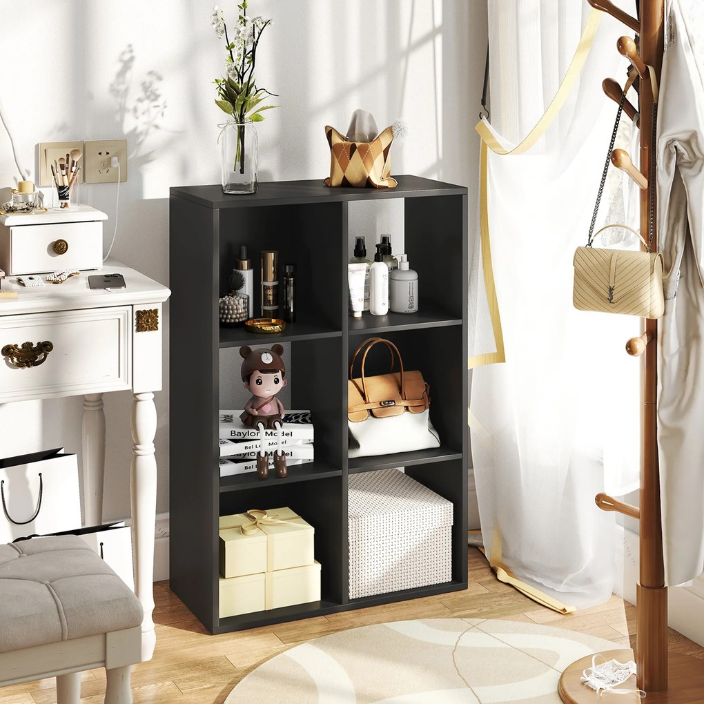 HOMCOM regálový stojan ve tvaru kostky se 6 přihrádkami z dřeva v rustikálním designu, 61,5x29,5x91,5 cm, černá