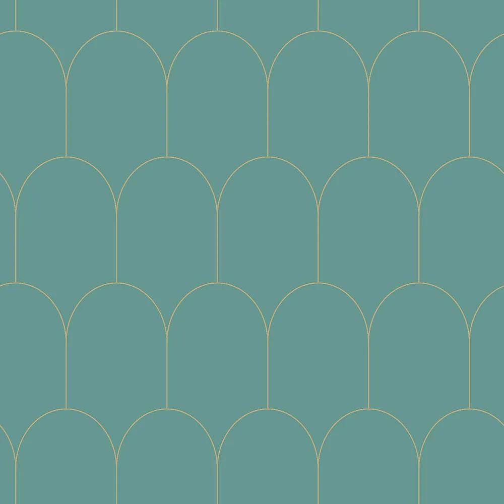 Tyrkysová vliesová tapeta, geometrický obloukový vzor 139204, Art Deco, Esta