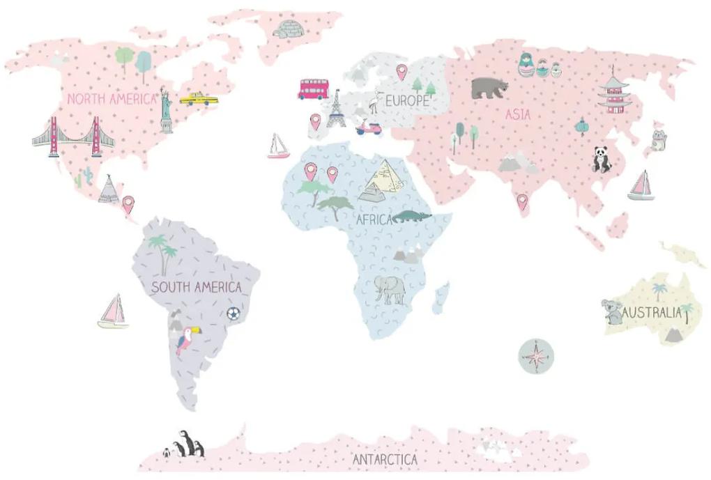 Pastelowe Love Dětské nástěnné samolepky MAPA SVĚTA růžové Zvolte rozměr: S, Zvolte jazyk: Anglický