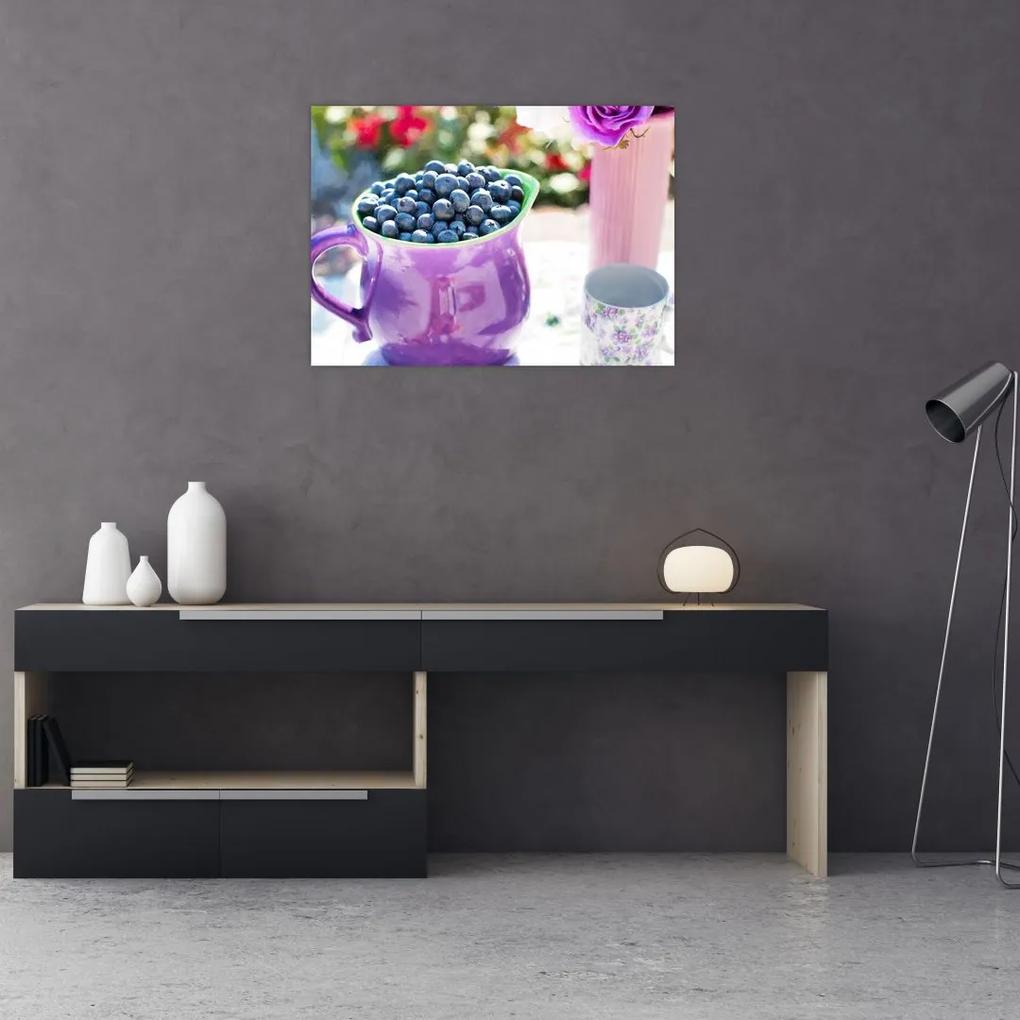 Skleněný obraz - borůvky v hrníčku (70x50 cm)