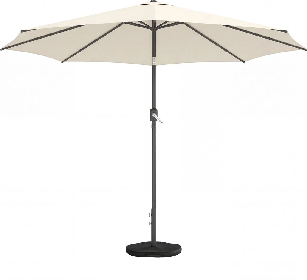 Outsunny nastavitelný náklon 2,95 m kulatý zatahovací balkonový/terasový slunečník s klikou, křížovou základnou a pískovým vakem — UPF 30+, krémově bí