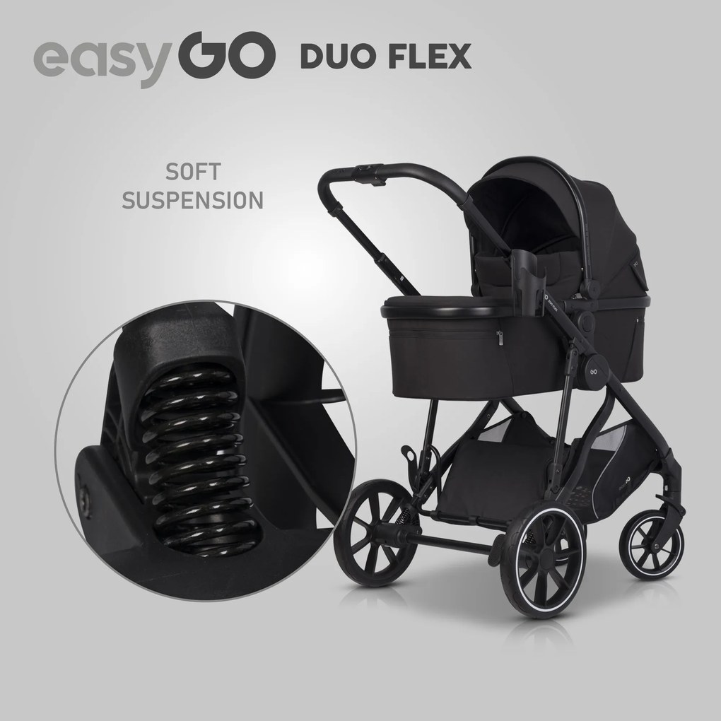 Sourozenecký kočárek EasyGo Duoflex Ebony Black, 2 sportovní části, 2 hluboké vaničky